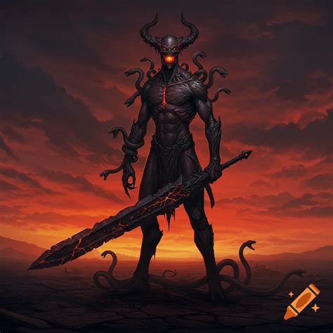 A Dark Horned Demon With Glowing Red Eyes Stands In A Desolate