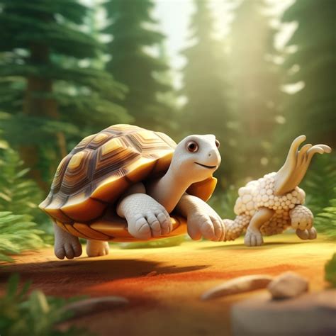 A Turtle With A Turtle On Its Back Is Walking In The Woods Premium Ai Generated Image