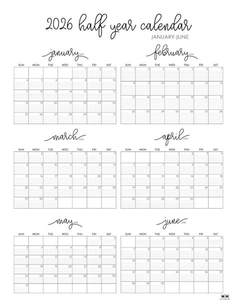 6 Month Calendar 2026 Printable Free