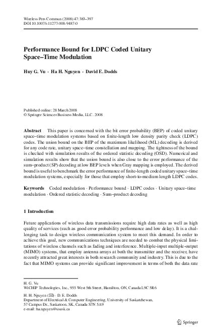 Pdf Performance Bound For Ldpc Coded Unitary Spacetime Modulation