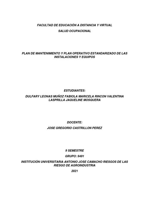 Plan De Mantenimiento Y Plan Operativo Estandarizado Pdf