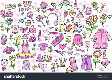 Spring Princess Girlie Doodle Sketch Color Vector Illustration Set