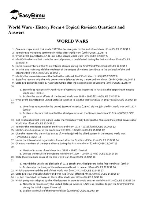 Hs World Wars History Form 4 Final Exam Revision Questions And
