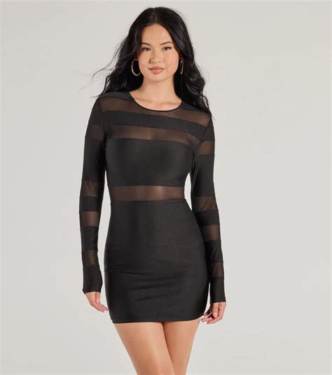 Delena Sheer Mesh Long Sleeve Bodycon Mini Dress And Windsor