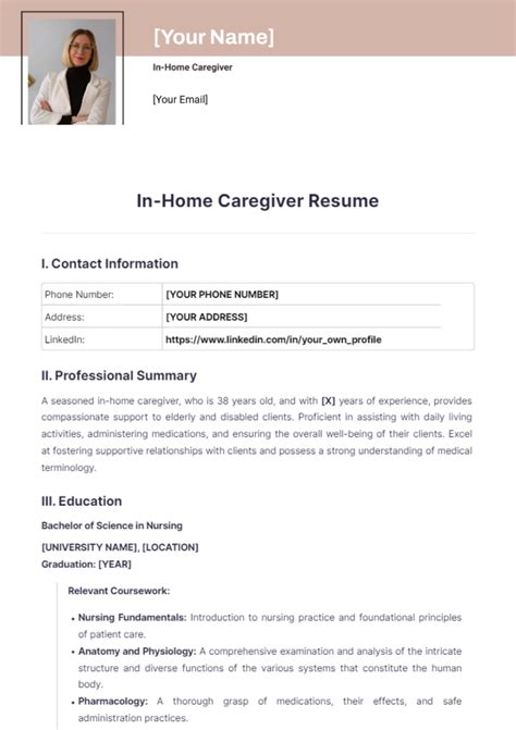 Free In Home Caregiver Resume Template To Edit Online