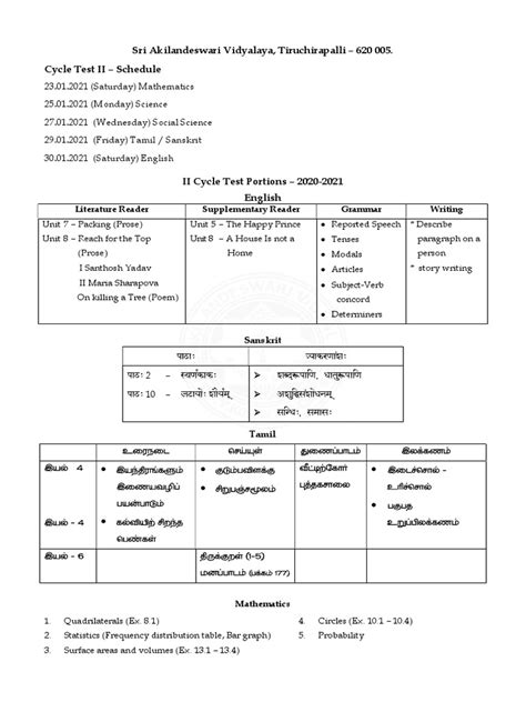 Std 9 Cycle Test Ii Schedule And Portions Pdf