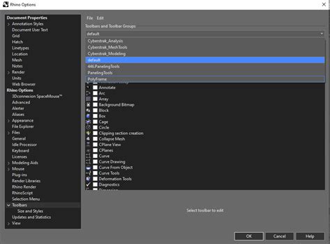 customizing toolbars or is it containers rhino for windows