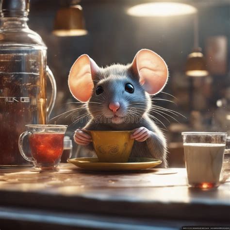 A Super Mouse Drinks Hot In The Cafe Drawing Pen And Ink Perfect Composition Stock