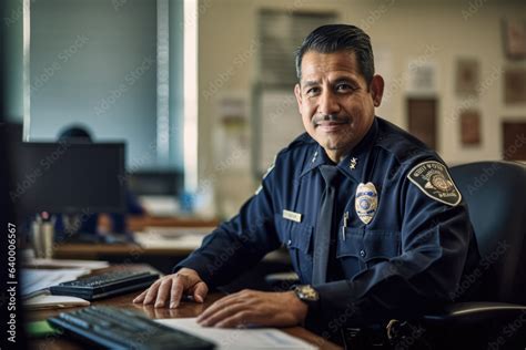 Police Officer Or Cop Man In Blue Uniform Working At Office Near