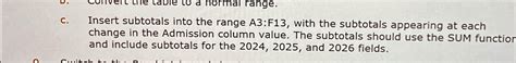 C Insert Subtotals Into The Range A3f13 With The Subtotals Appearing