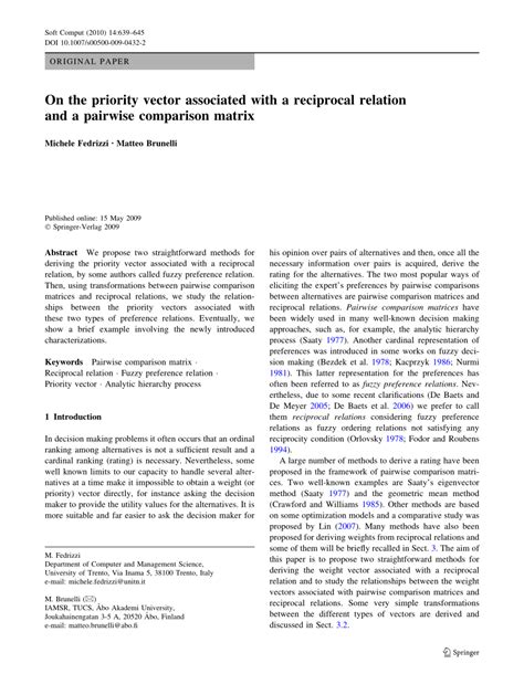 Pdf On The Priority Vector Associated With A Reciprocal Relation And With A Pairwise