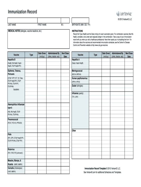 Printable Immunization Record Template Fillable Form 2025