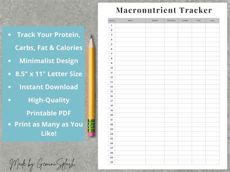 Macro Tracker Printable Macronutrient Log Tracker Calorie Tracker