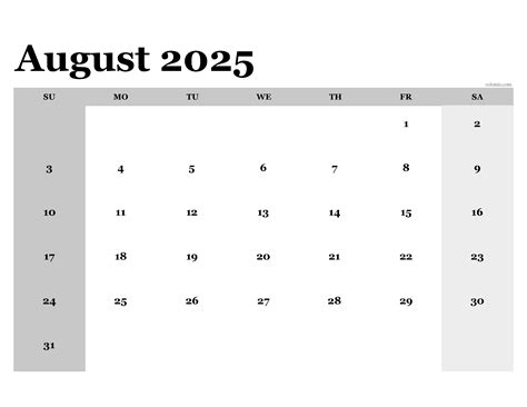 Blank August Calendar 2025 Printable