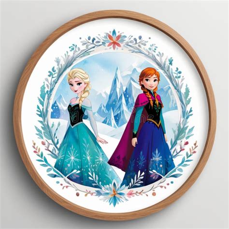 Winter Magic Elsa And Anna In An Elegant Circular Frame Stock
