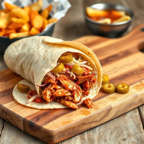A Bbq Pulled Pork Wrap With Coleslaw And Pickles Served On A Rustic Cutting Board With A Side Of