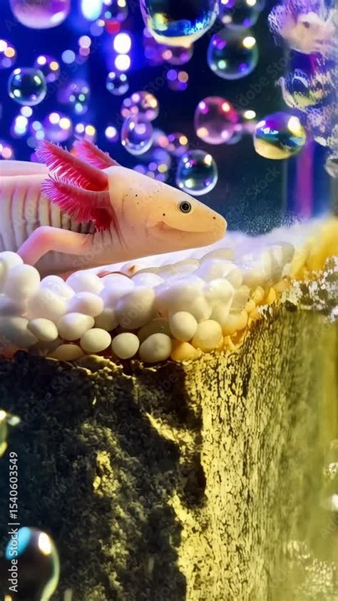 Albino Axolotl Amphibian Underwater With Bubbles In An Aquarium Showing Gills And Details Of