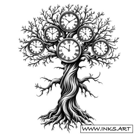 Tattoo Design Clock Tree Of Life Art Style Black And Grey