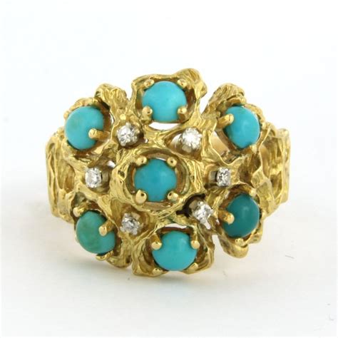 Ring With Turquoise And Diamonds Up To 005ct 18k Yellow Gold For Sale