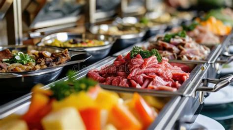 A Buffet Table With A Variety Of Food Including Meat And Vegetables
