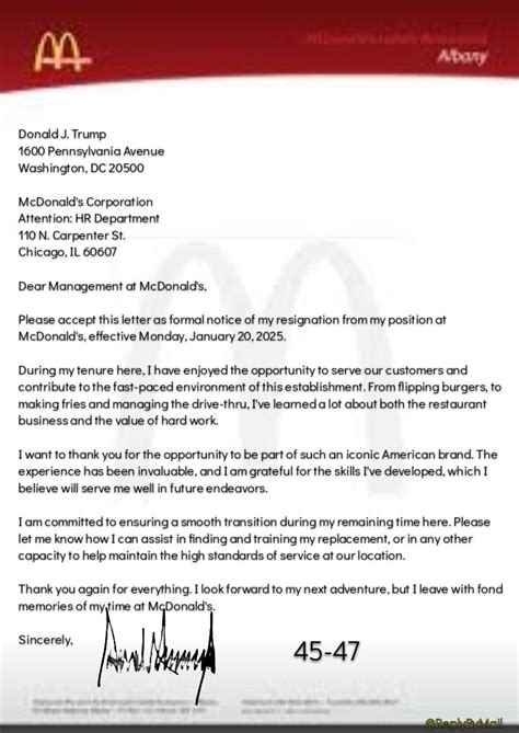 President Elect Donald Trumps Resignation Letter To Mcdonalds Corp