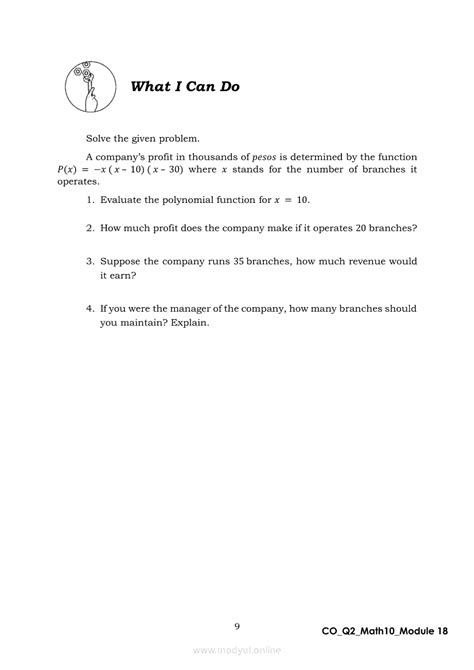 Math 10 Quarter 2 Module 18 Solving Problems Involving Polynomial Functions Grade 10 Modules