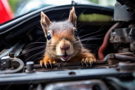 Premium Ai Image Squirrel Spotted Inside A Cars Engine Compartment