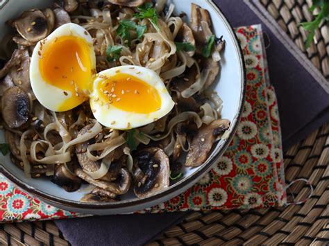 Rice Noodle Recipe With Mushrooms And Soft Boiled Egg