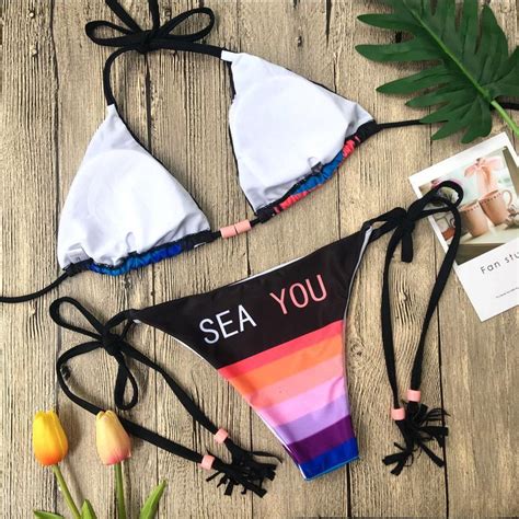 Hot Letter Bikini Set Rainbow Triangle Top Tanga Sexy Swimwear Women S