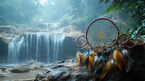 A Dream Catcher Is Sitting On A Rock Near A Waterfall 58074809 Stock
