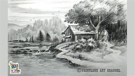 How To Draw A Landscape With Pencil Strokes Shading Scenery Drawing