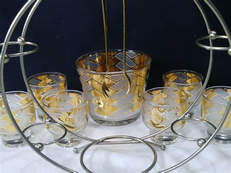 9 Piece Culver Gold Herringbone Brick ~ice Bucket Glasses Ferris Wheel