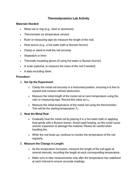 Thermodynamics Lab Activity Pdf Thermal Expansion Temperature