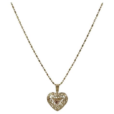 14k Yellow And Rose Gold Filigree Heart Pendant Necklace For Sale At