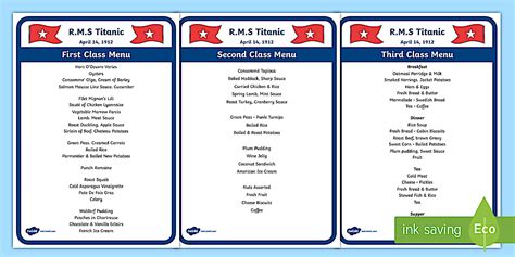 Titanic First Second And Third Class Role Play Menus