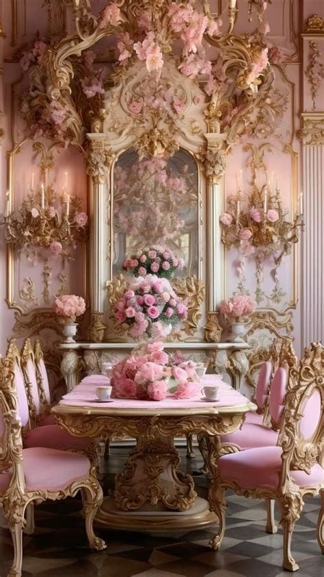 Elegant Rococo Dining Room With Pink Chairs