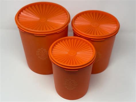 Vintage Harvest Orange Tupperware Cannisters Containers Set Of Three