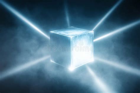 Glowing Cube Suspended In Fog Radiates Light Amidst Swirling Mist During Twilight Hours Stock