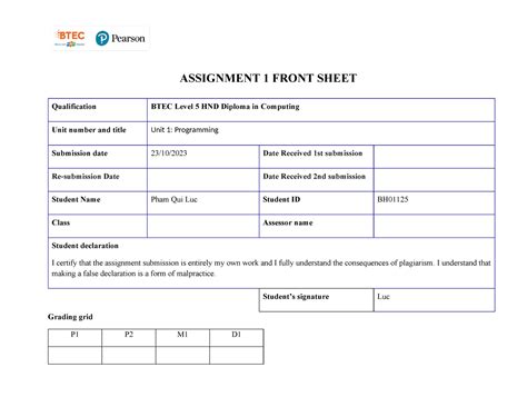 Unit 3 Assignment 1 Frontsheet Assignment 1 Front Sheet Qualification Btec Level 5 Hnd