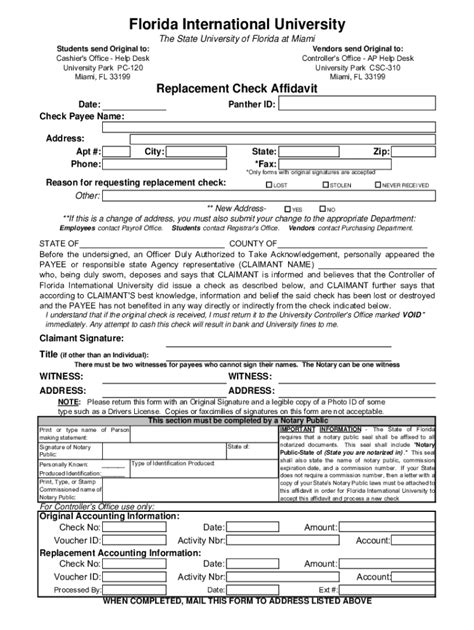 Fillable Online Fiu Affidavit Replacement Check Form Fax Email Print