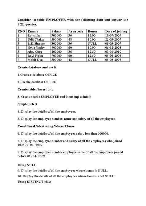 Class 12 Cbse Mysql Worksheet Sql Queries On Employee Table Studocu
