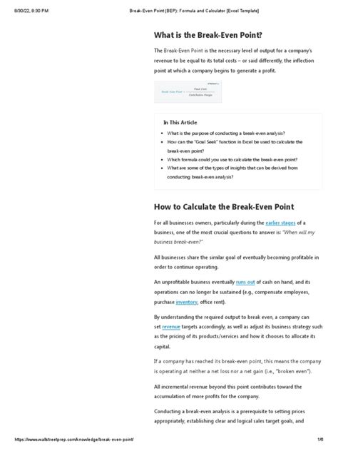 Calculate Break Even Point Using Formula And Excel Template Pdf