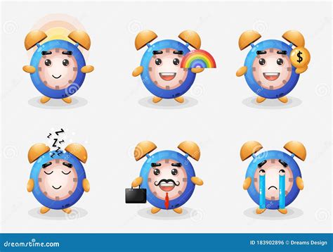 Cute Clock Cartoon Mascot Set Stock Vector Illustration Of Sign Happy 183902896
