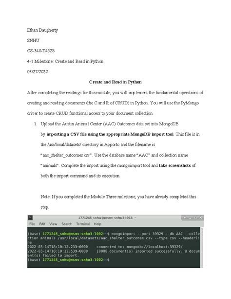 Cs 340 4 1 Milestone Implementing Crud Operations In Python Studocu