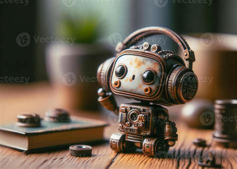 Nostalgic Mini Robot With Rustic Stained Appearance On A Table Under