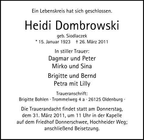 Traueranzeigen Von Heidi Dombrowski Nordwest Trauer De