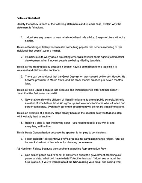 Fallacies Worksheet Fallacies Worksheet Identify The Fallacy In Each Of The Following