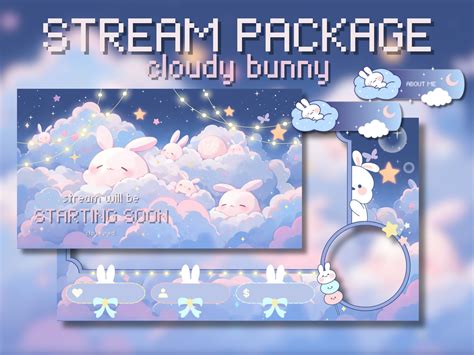 Cloudy Bunny Vtuber Stream Overlay Package Cute Twitch Overlay