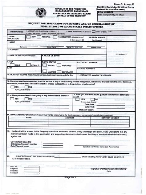 Request For Application For Bonding Andor Cancellation Of Fidelity Bond