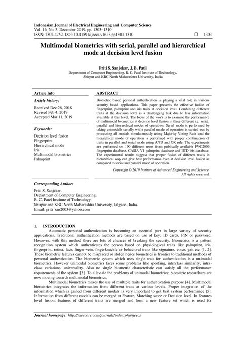 PDF Multimodal Biometrics With Serial Parallel And Hierarchical Mode At Decision Level Fusion